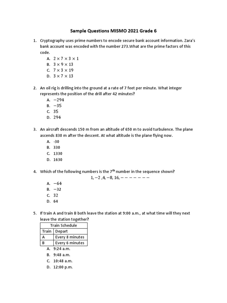 Grade 6 MISMO Sample Questions | PDF | Arithmetic | Elementary Mathematics
