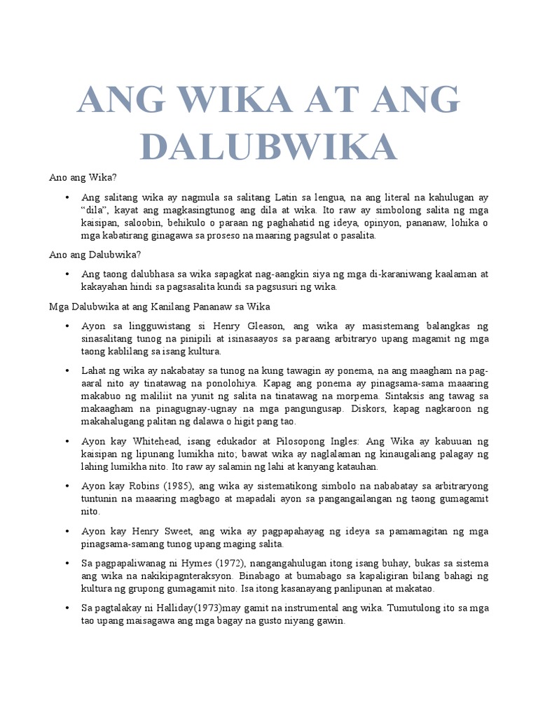 Hand Out Ang Wika at Ang Dalubwika | PDF