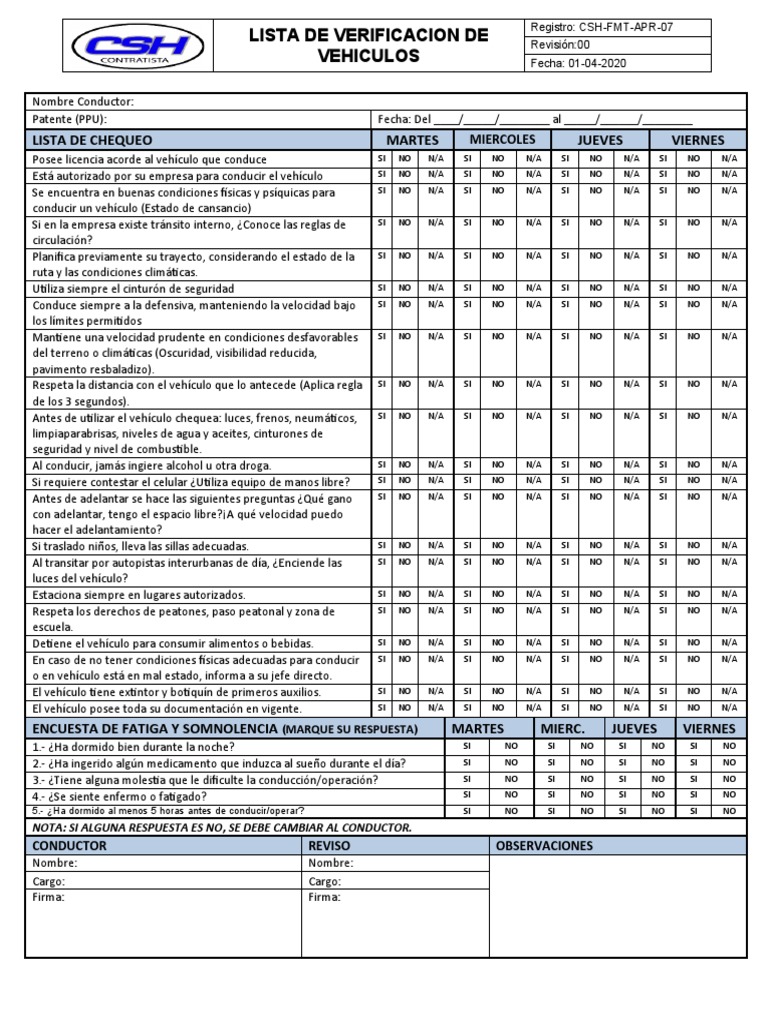 Check List Diario Vehiculos Livianos (Martes A Viernes) | PDF ... Check List Diario Vehiculos Livianos (Martes A Viernes) | PDF ...