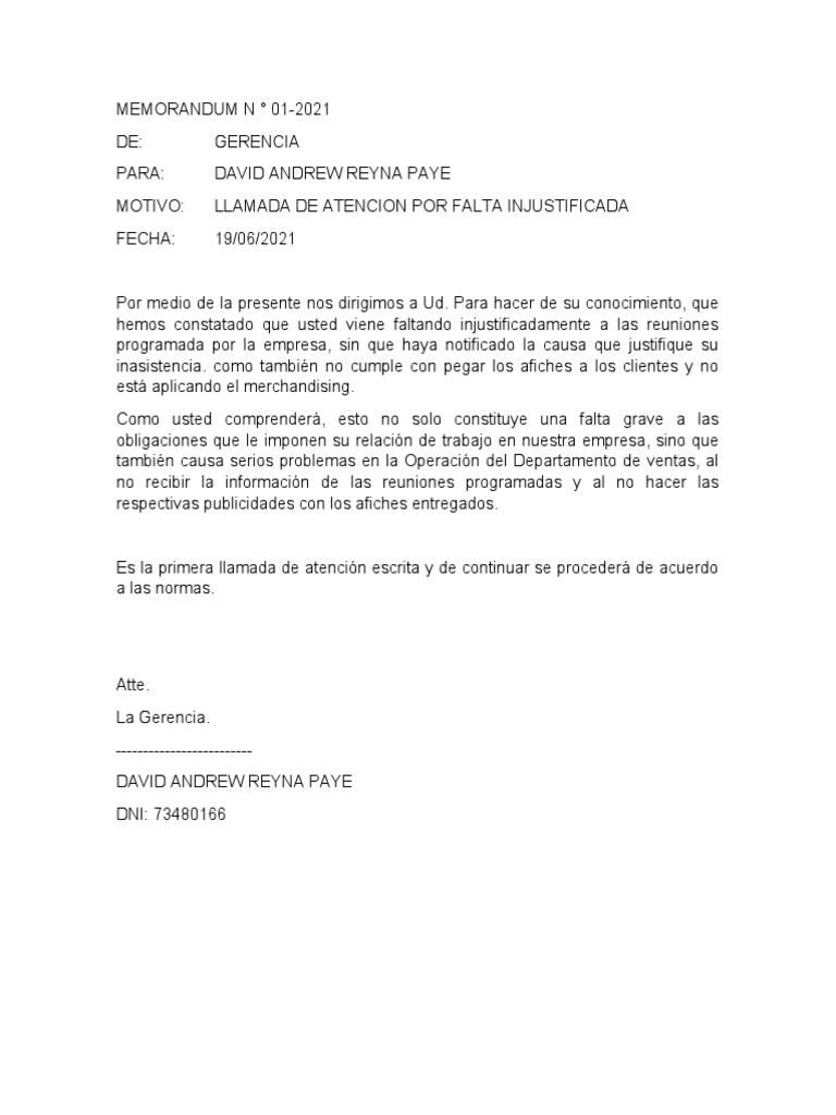 Memorandum N Reyna Paye David | PDF | Negocios | Finanzas y dinero
