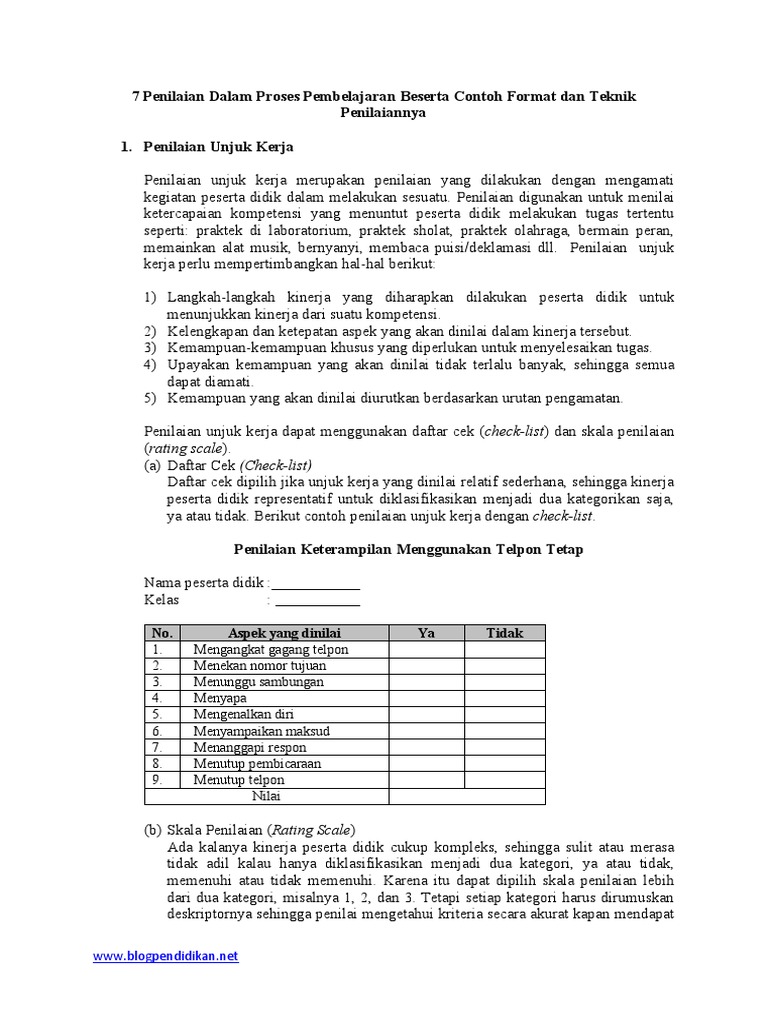 7 Penilaian Dalam Proses Pembelajaran Beserta Contoh Format Dan Teknik Penilaiannya | PDF