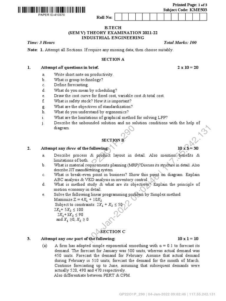 B.Tech Industrial Engineering Exam | PDF | Economies | Business Process