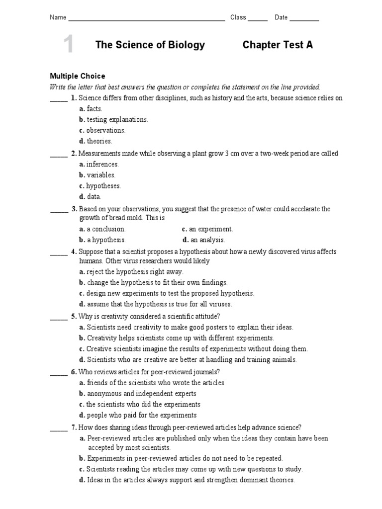 Chapter 1 The Science of Biology Test A | PDF | Science | Hypothesis