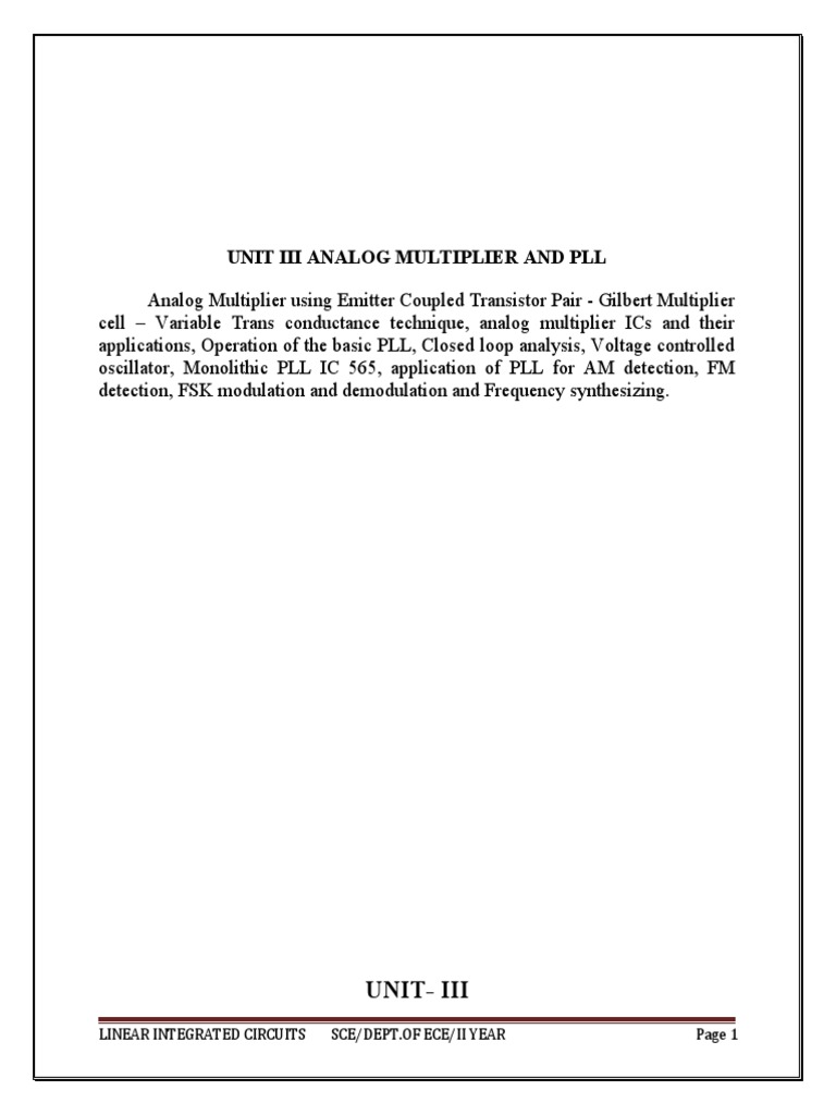 Unit III - Analog Multiplier and PLL | PDF | Detector (Radio ...