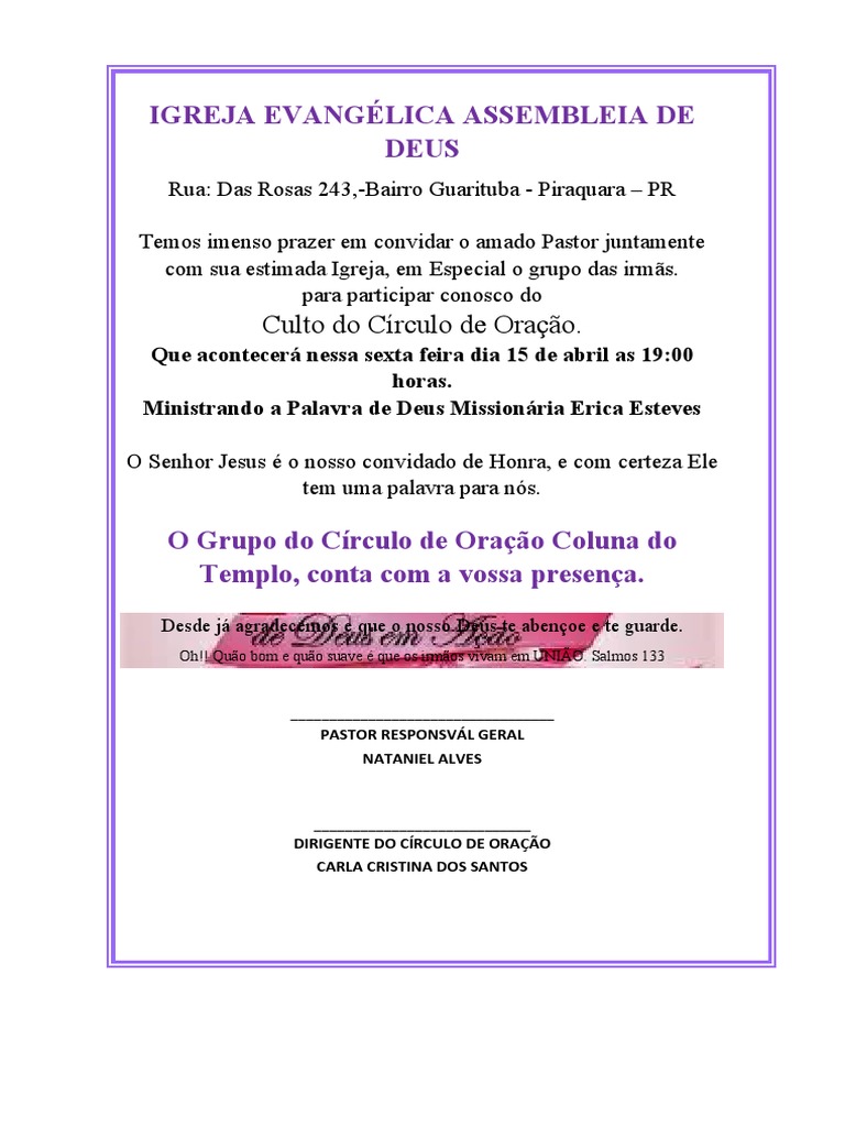 Carta Convite Do Circulo De Oração Igreja Pdf