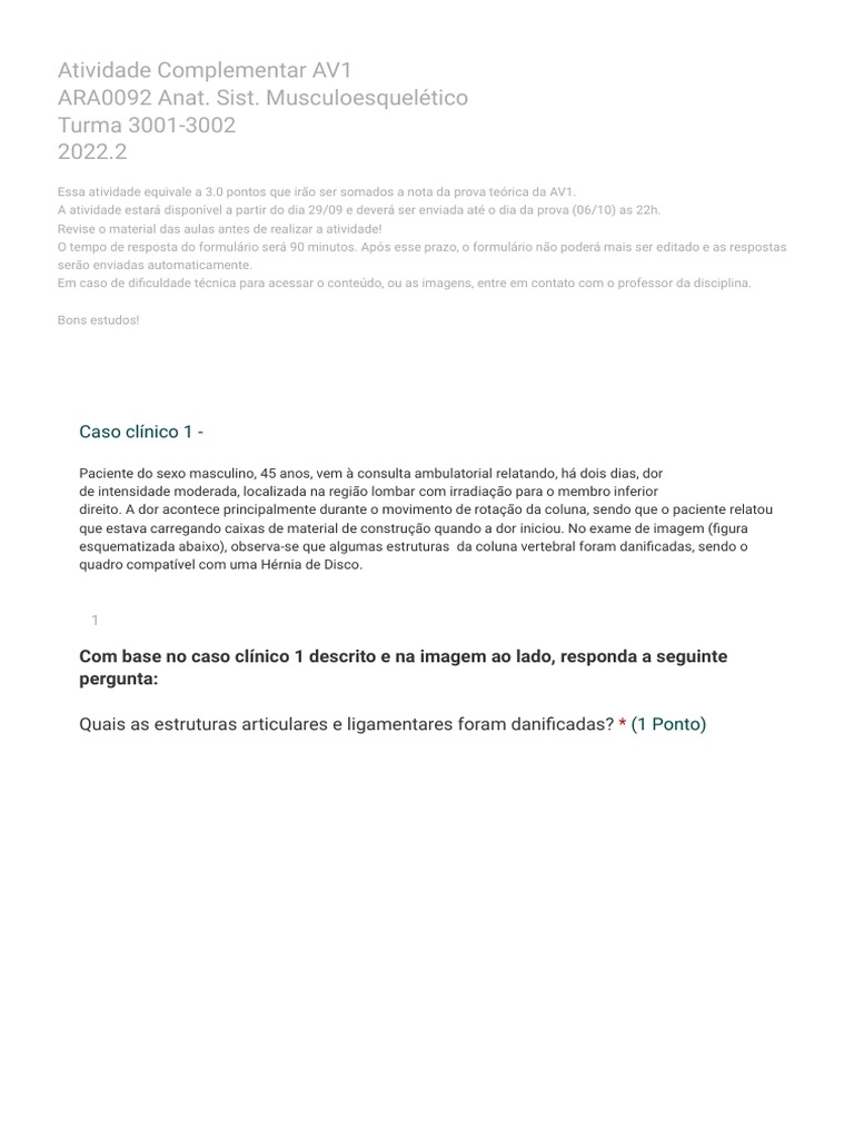 Atividade Complementar AV1 ARA0092 Anat. Sist. Musculoesquelético Turma ...