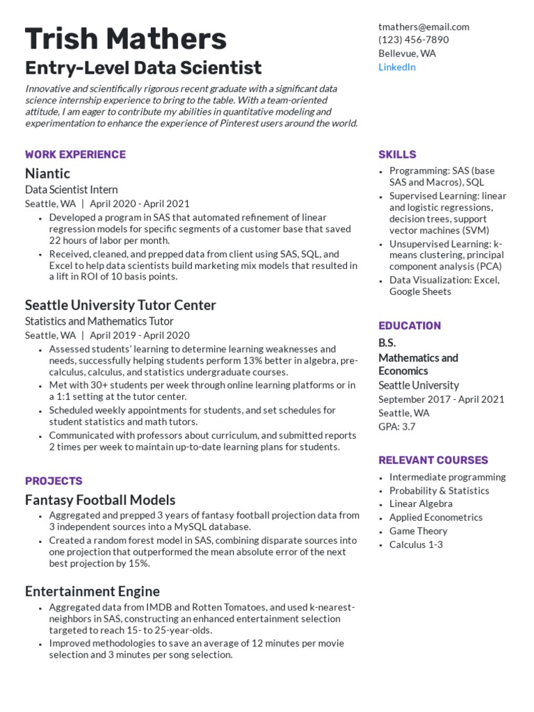 Entry Level Data Scientist Resume Example | PDF | Statistics | Sas ...