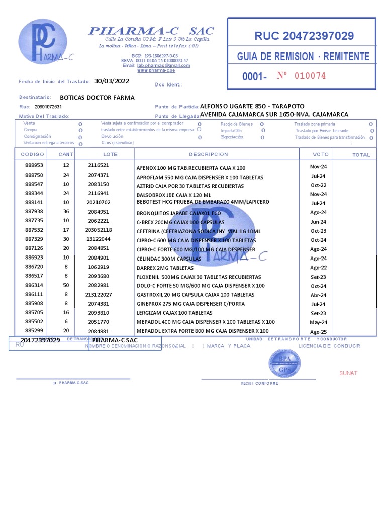 Guiá de remisión de medicamentos de Pharma-C SAC a Boticas Doctor Farma ...