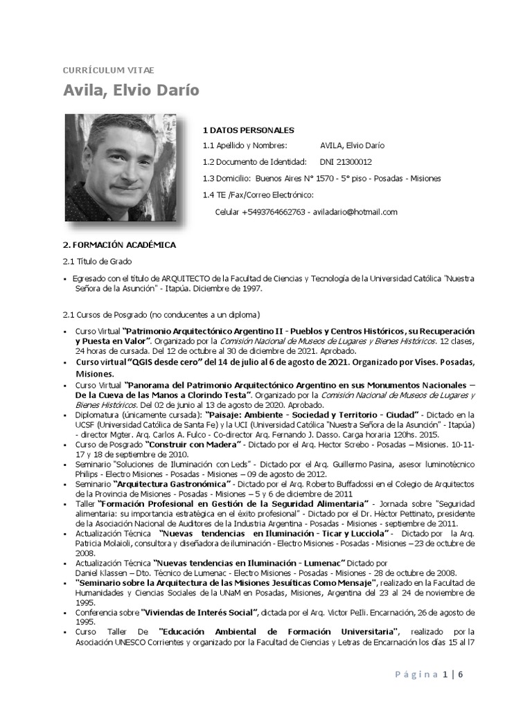Curriculum Vitae Arquitecto Elvio Darío Avila | PDF | Universidad