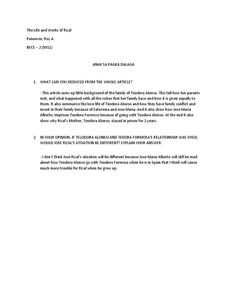 ANAK SA PAGKA DALAGA - Panuncio, Roy A. | PDF