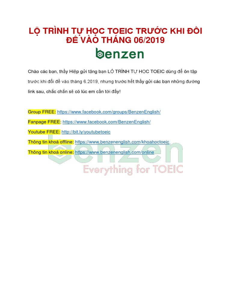 Lo Trinh Tu Hoc Toeic Benzen English | PDF