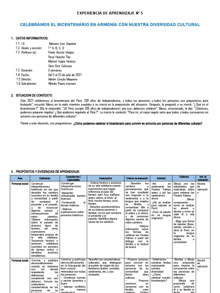 1 Grado Experiencia De Aprendizaje N 05 Mlu Pdf
