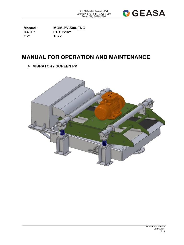 Operation and Maintenance Manual for Vibrating Screen PV-500: Complete ...