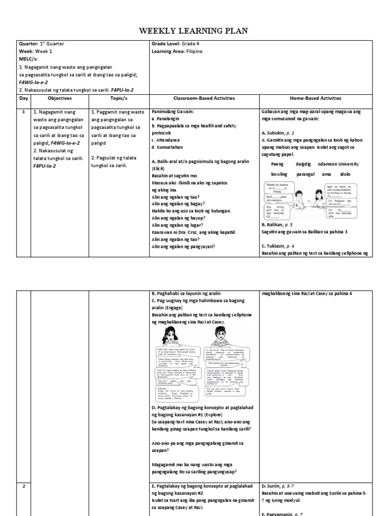 Weekly Learning Plan: Quarter: 1 Week: Week 1 MELC/s: Grade Level: Grade 4 Learning Area ...