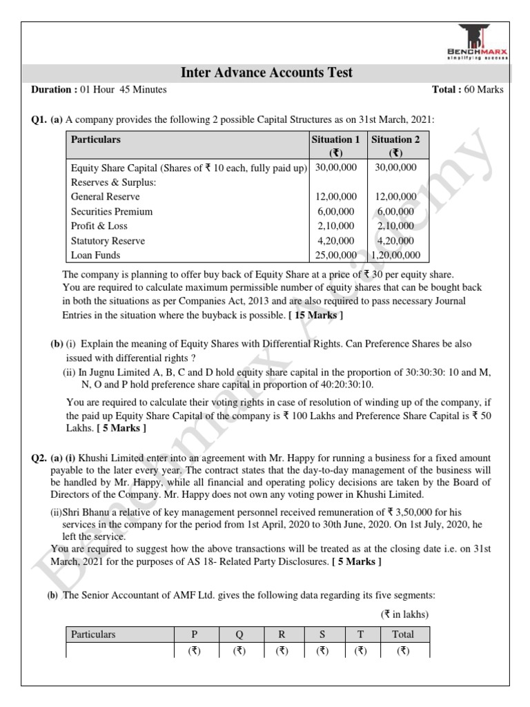 Advance Accounts Test | PDF | Share Repurchase | Equity (Finance)