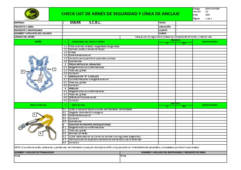 SST-ZWR-014 Check List Linea de Vida y Anclajes | PDF | Materiales ...
