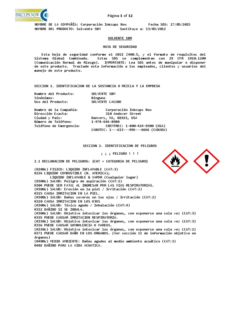 Solvente SBM Hoja de Seguridad | PDF | Química