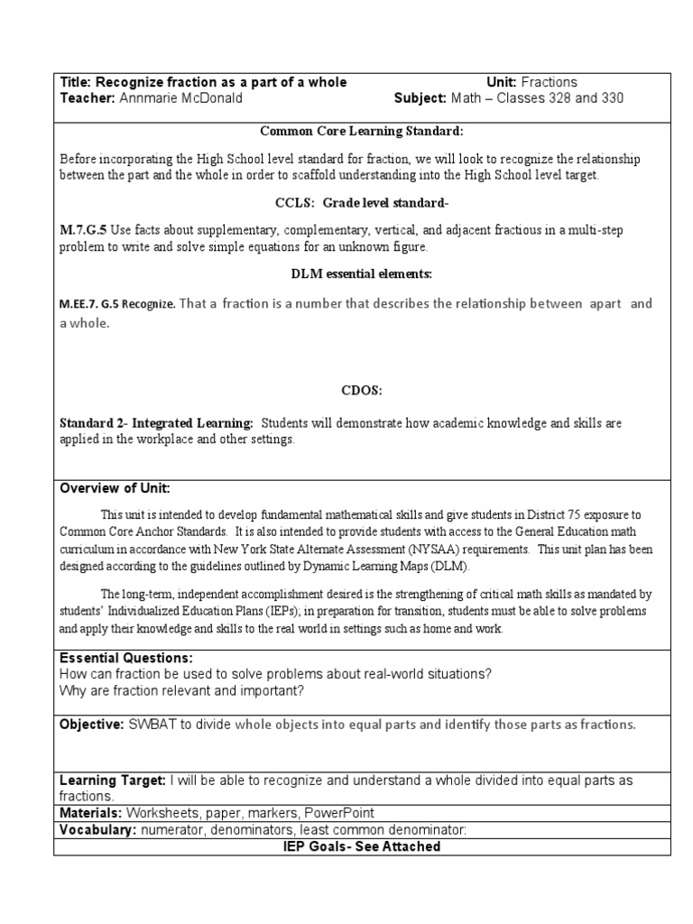 Fraction Lesson Plan 1 | PDF | Individualized Education Program ...