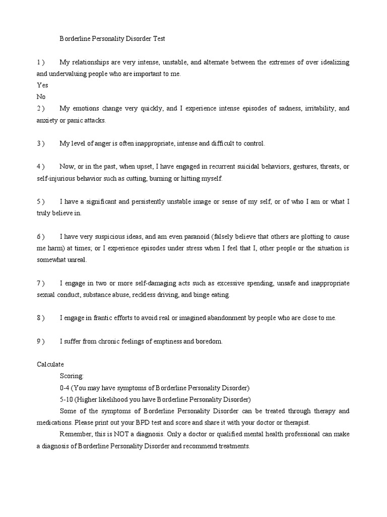 Borderline Personality Disorder Test | PDF | Self-Improvement