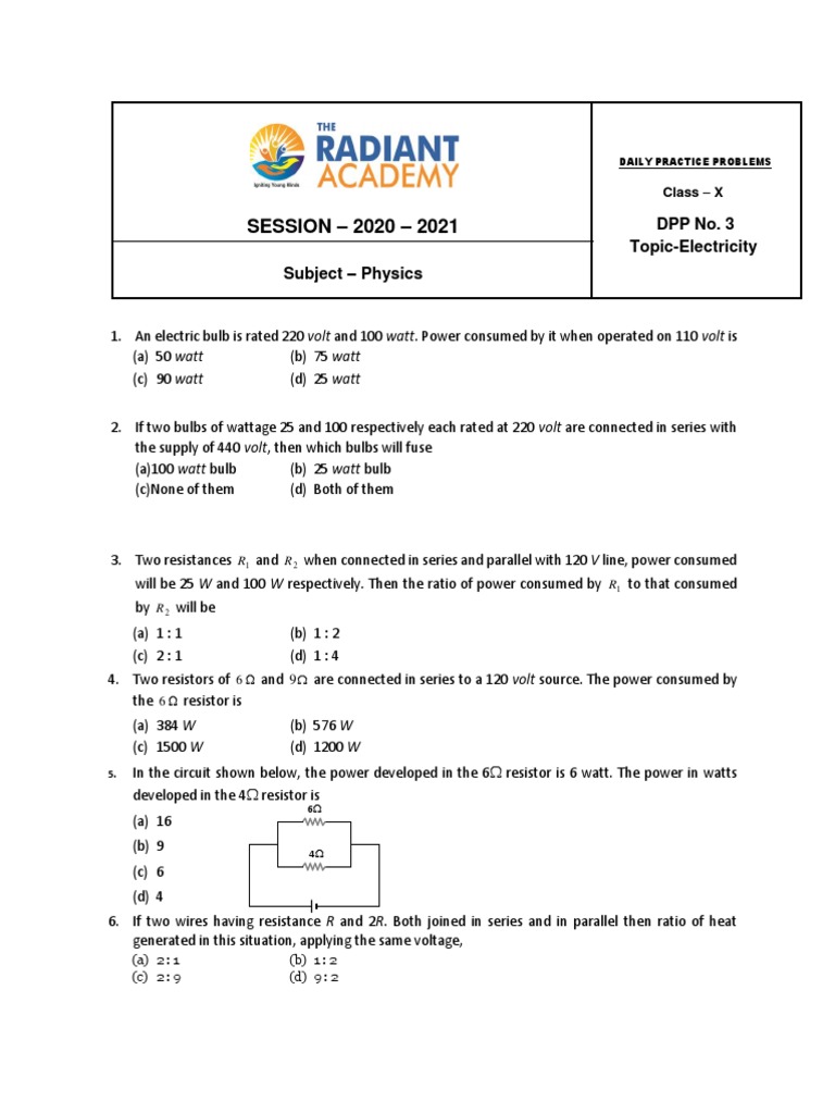 Electricity Dpp 3 Pdf Series And Parallel Circuits Resistor