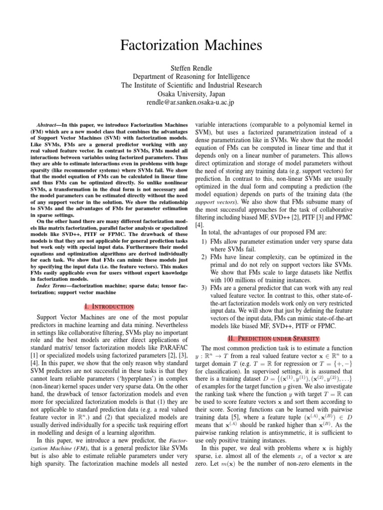 Factorization Machines Steffen Rendle Osaka University 2010 | PDF | Mathematics | Applied ...