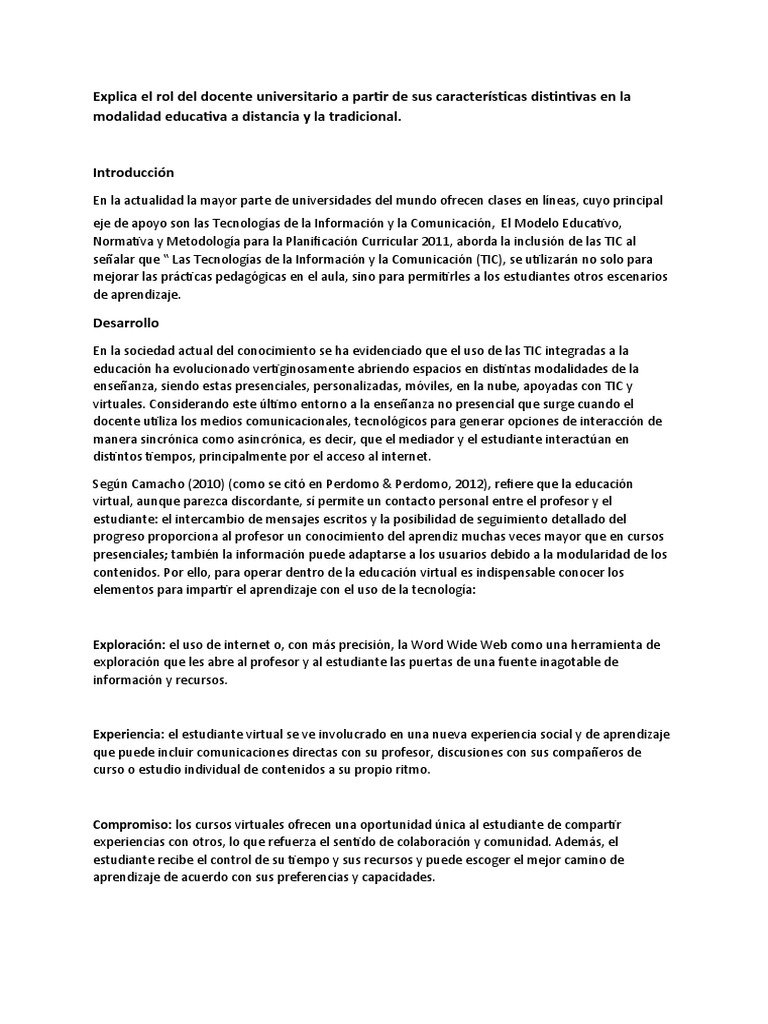Explica El Rol Del Docente Universitario A Partir de Sus Características Distintivas en La ...