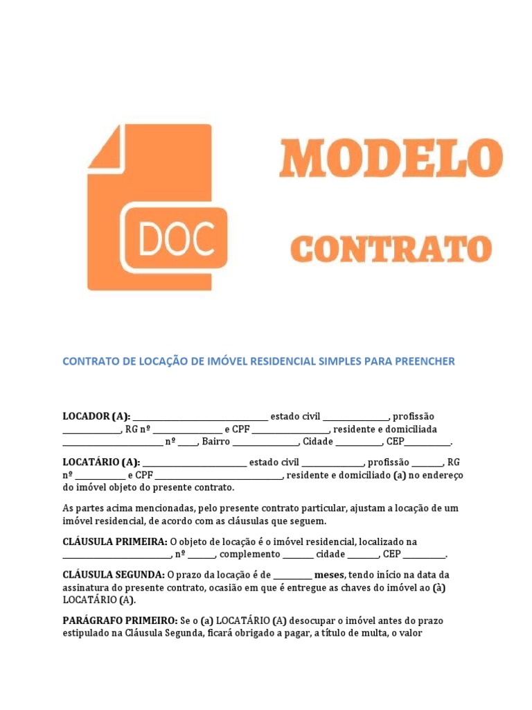 Modelo de Contrato de Aluguel Simples Word para Preencher Atualizado | PDF | Aluguel | Direito ...