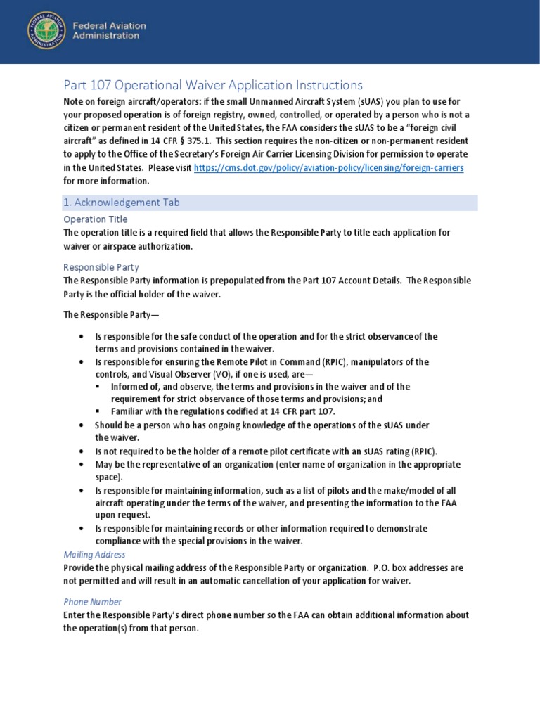 Part 107 Operational Waiver Application Instructions | PDF | Federal Aviation Administration ...