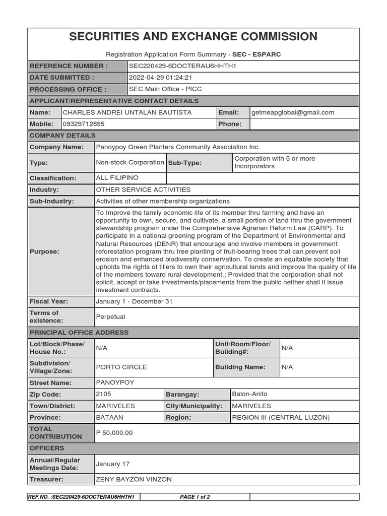 Application Summary Form (6) SEC Panoypoy | PDF | Natural Environment ...