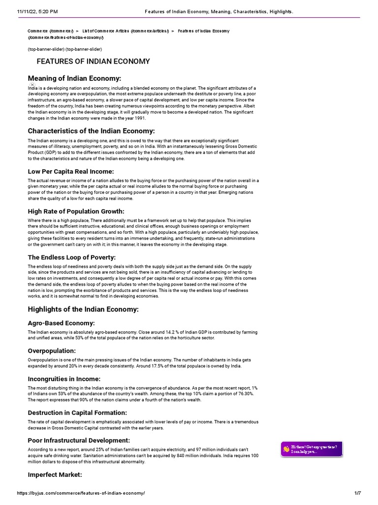 Features of Indian Economy, Meaning, Characteristics, Highlights | PDF ...