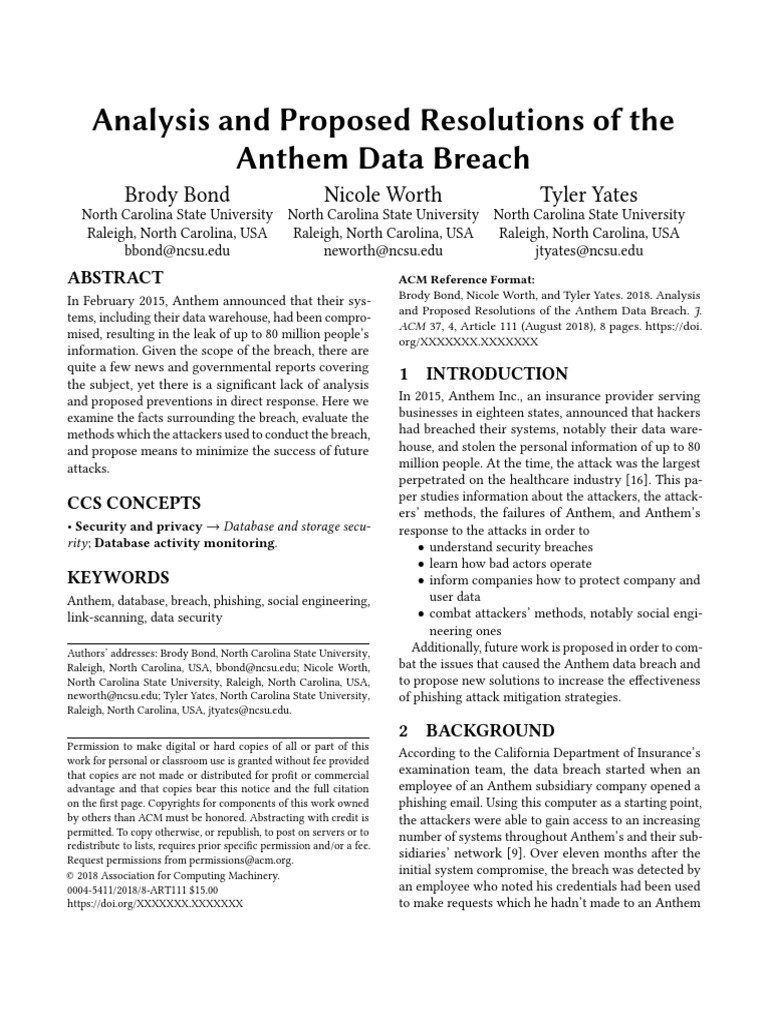CSC 433 Project: The Anthem Data Breach | PDF | Phishing | Security