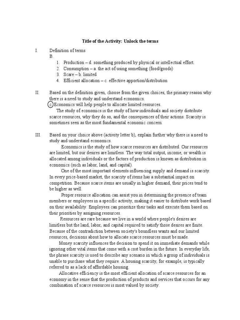 ACTIVITY SHEET Title of The Activity: Basic Economic Problems of ...