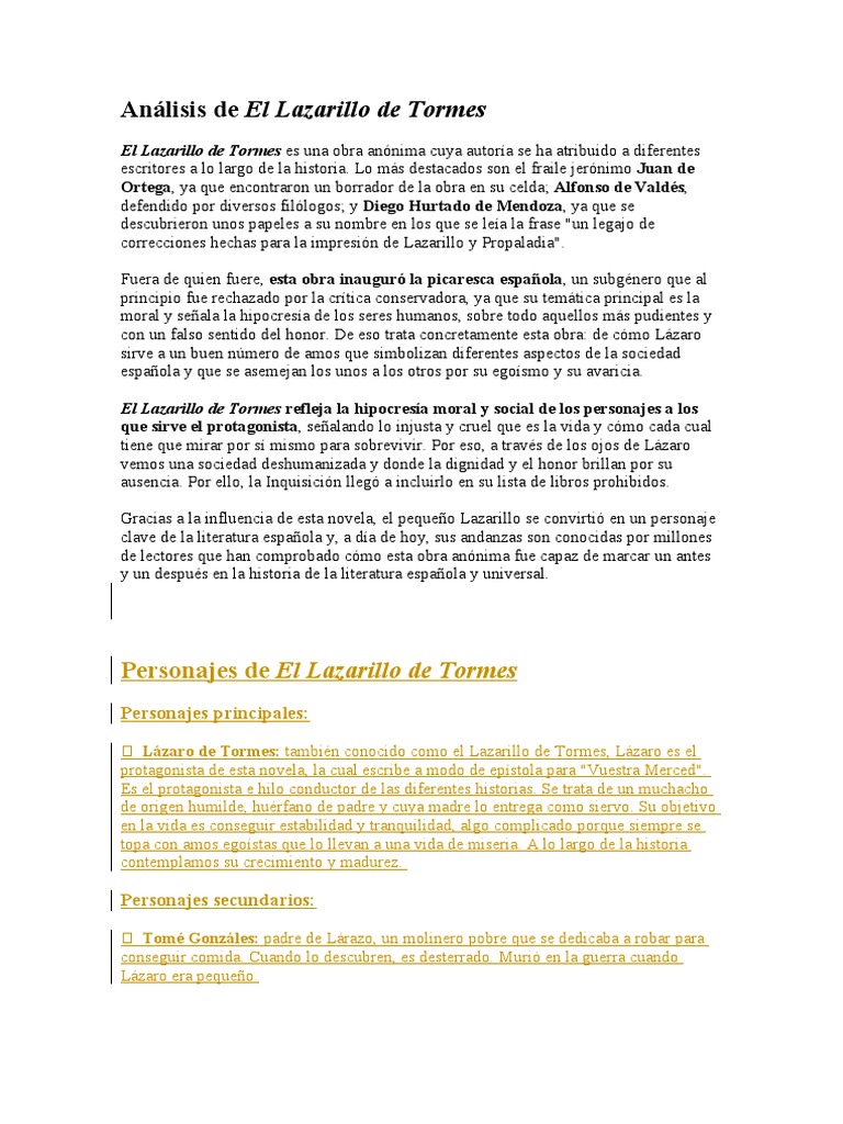 Análisis de El Lazarillo de Tormes | PDF