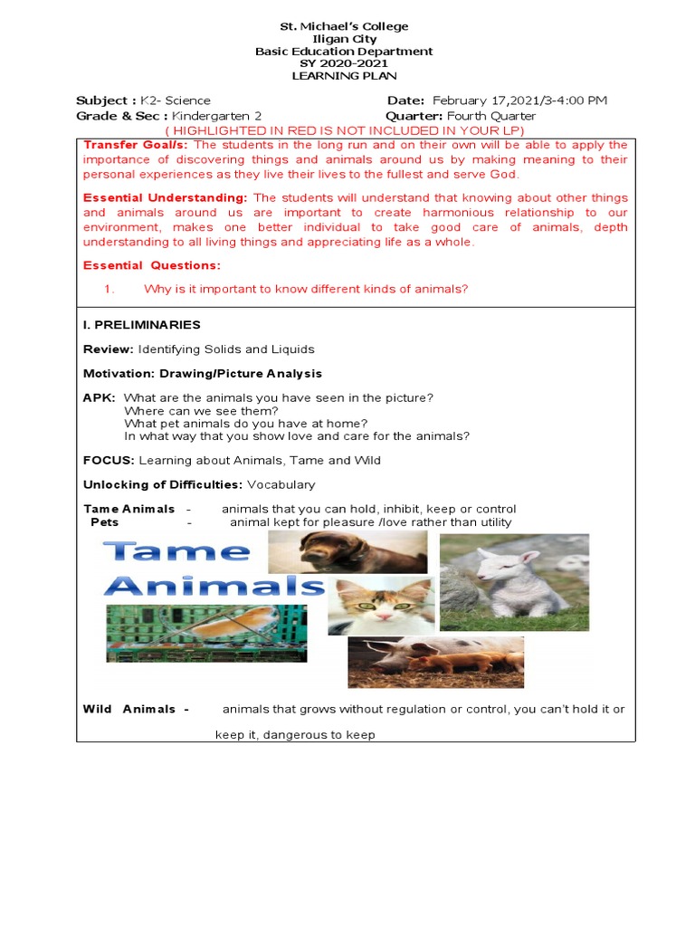 Tame and Wild Animals Lesson Plan | PDF | Learning | Science