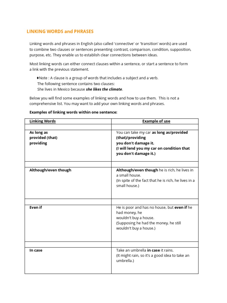 LINKING WORDS and PHRASES | Download Free PDF | Sentence (Linguistics ...
