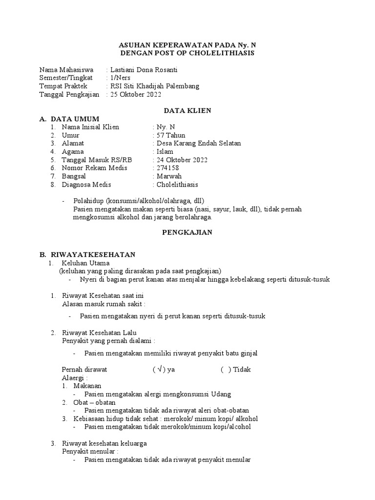 Asuhan Keperawatan Post Op Cholelithiasis | PDF | Sains & Matematika