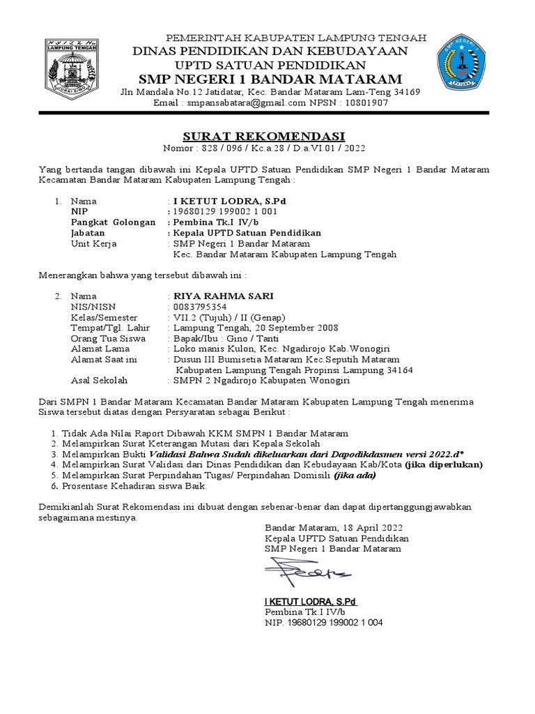 Rekom MUTASI SISWA SMP2020 | PDF