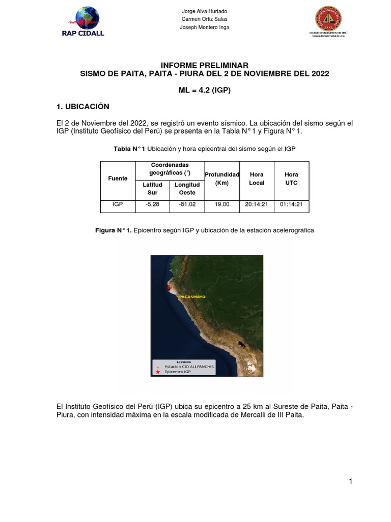 Informe Del Sismo de 4.2 ML A 25 KM Al Sureste de Paita Paita - Piura | PDF | Sismología | Geofísica