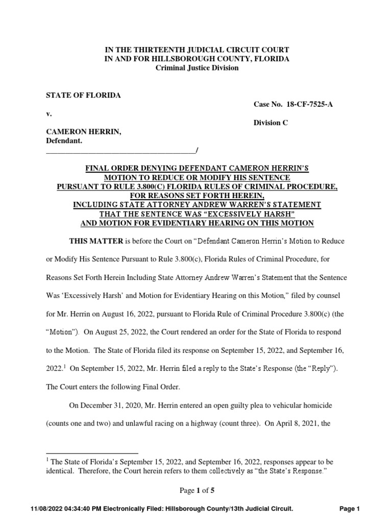 Cameron Herrin Motion To Reduce Sentence Ruling | PDF | Sentence (Law ...