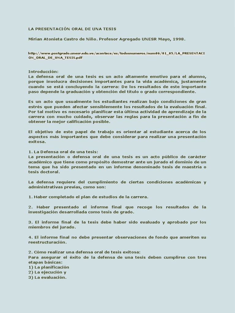 La Presentacion Oral De Una Tesis Pdf Aprendizaje Evaluación