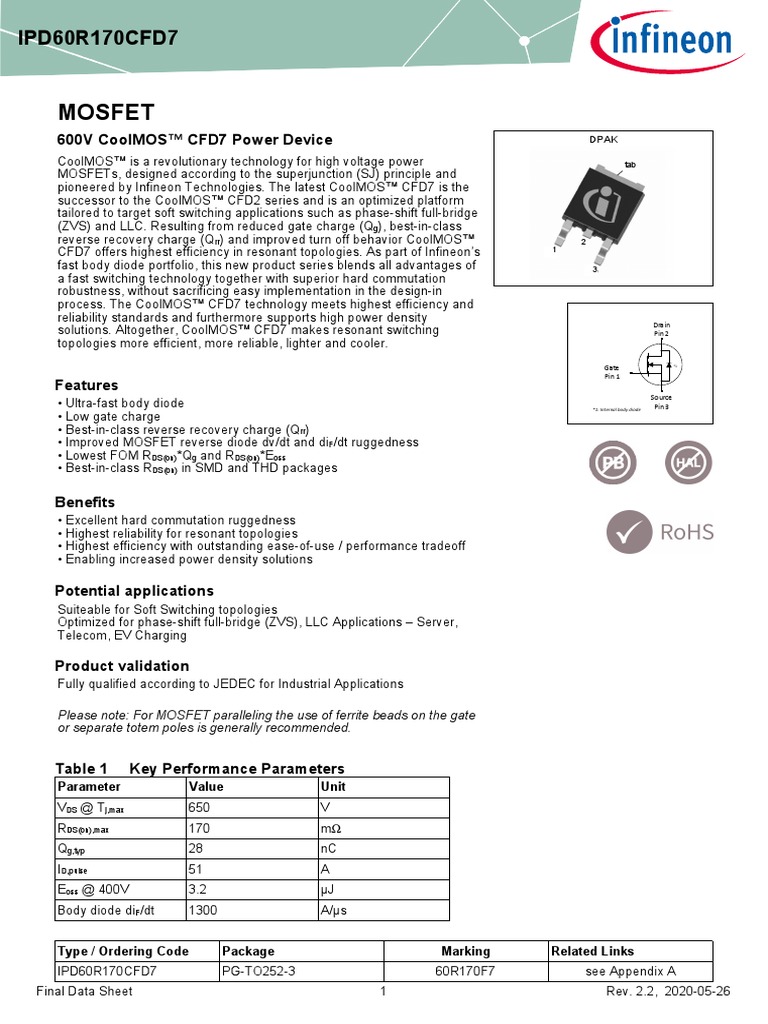 Infineon IPD60R170CFD7 DataSheet v02 - 02 EN 1731701 | PDF | Printed Circuit Board | Diode