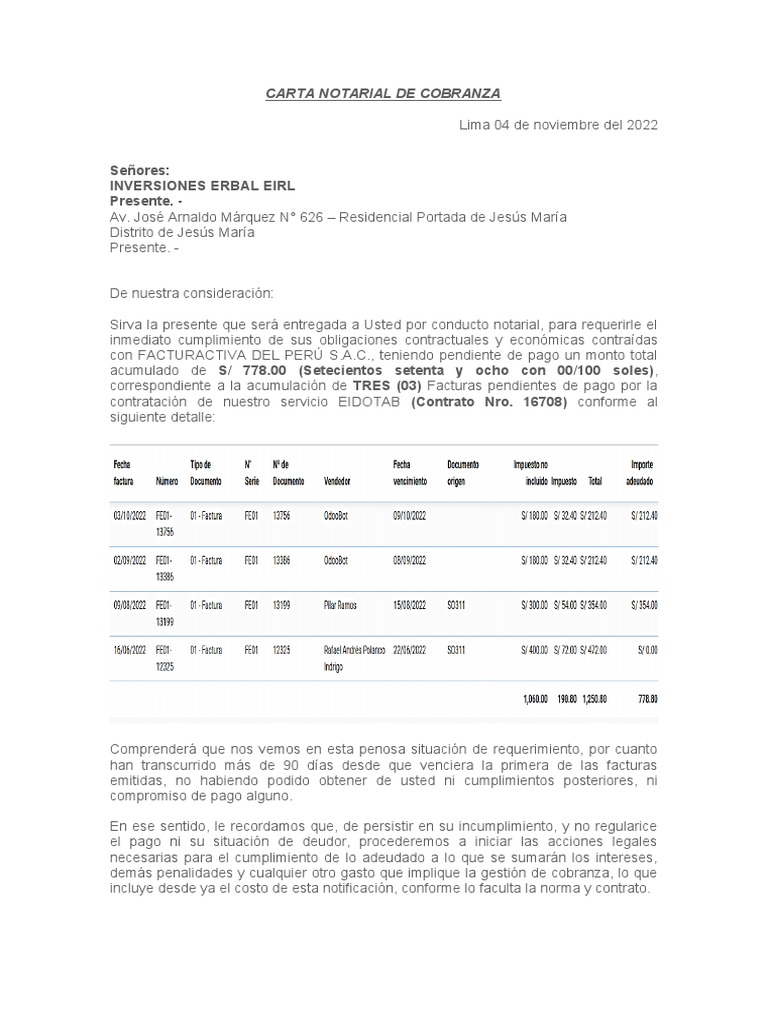 Carta Notarial de Cobranza | PDF