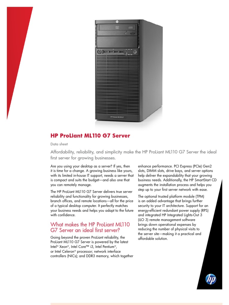 HP ProLiant ML110 G7 Datasheet | PDF | Hewlett Packard | Server (Computing)