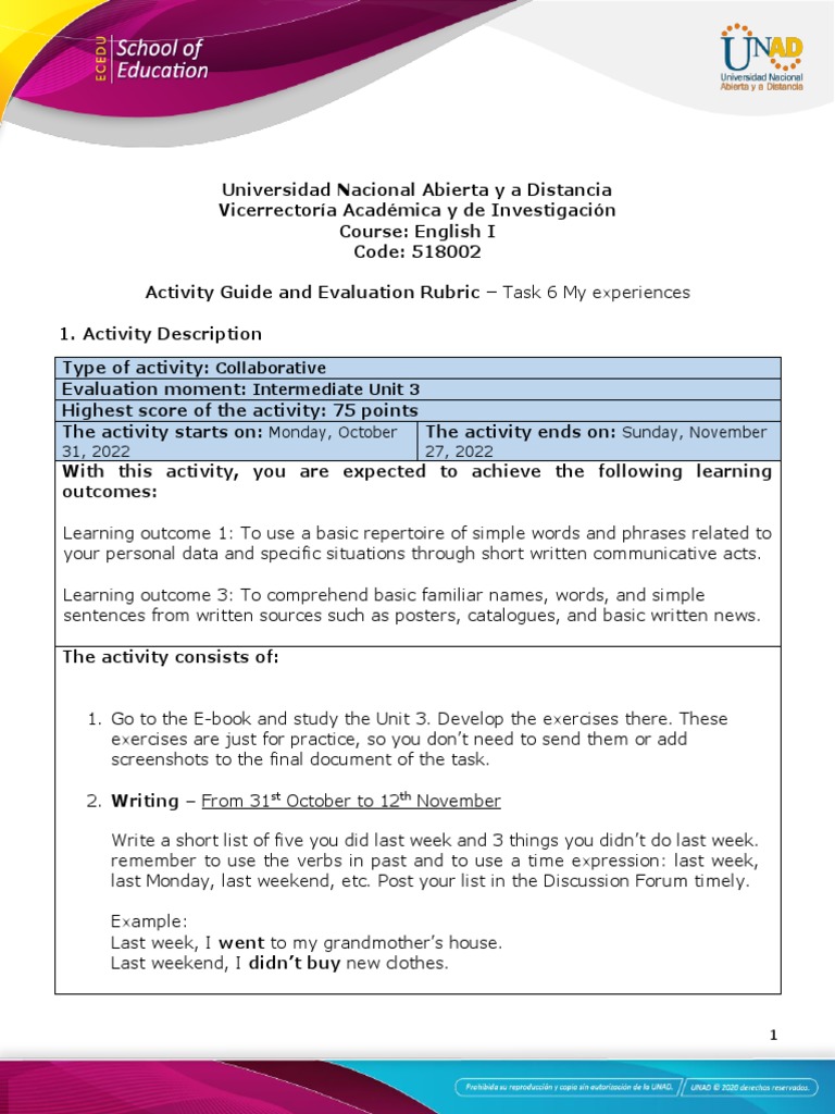 Activity Guide and Evaluation Rubric - Unit 3 - Task 6 - My Experiences ...