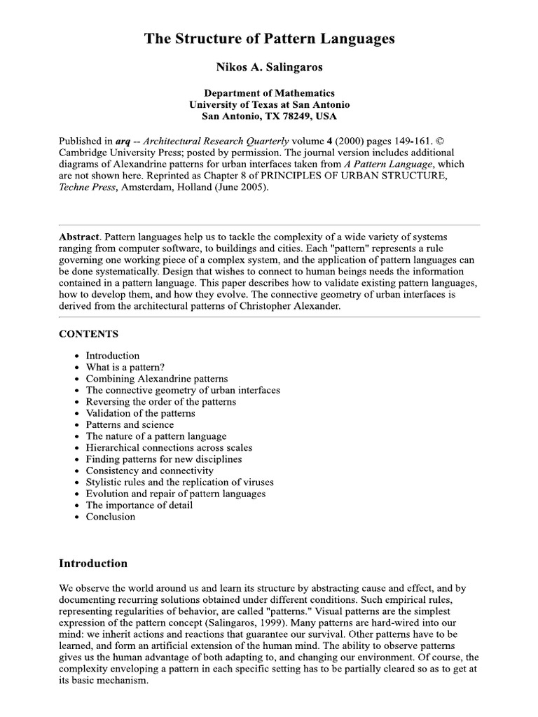 The Structure of Pattern Languages - , by Nikos A. Salingaros | PDF