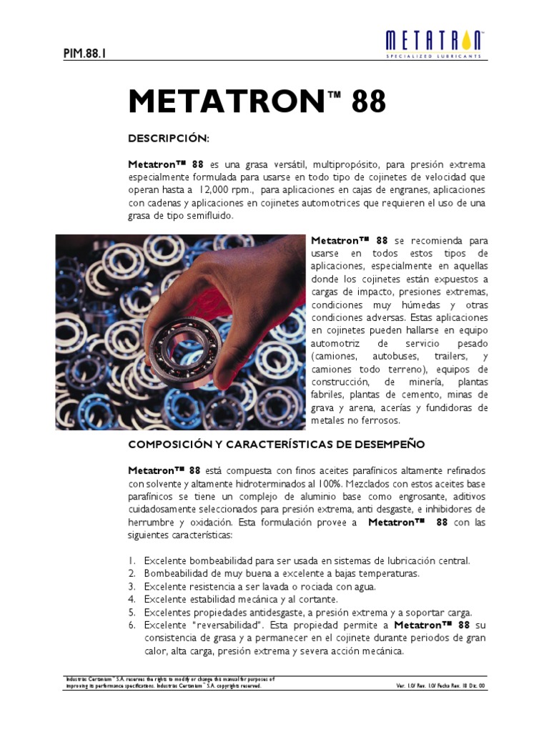 METATRON 88 Spanish | PDF | Rodamiento (Mecánico) | Lubricante