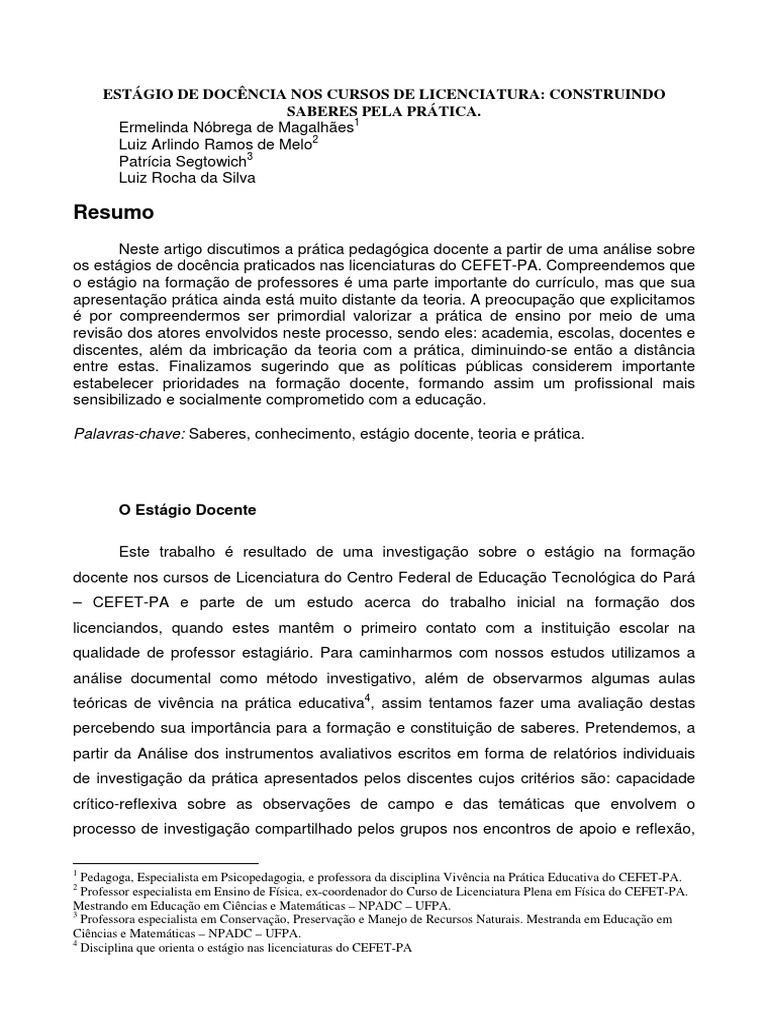 Artigo Estágio de Docência Nos Cursos de Licenciatura - Construindo ...