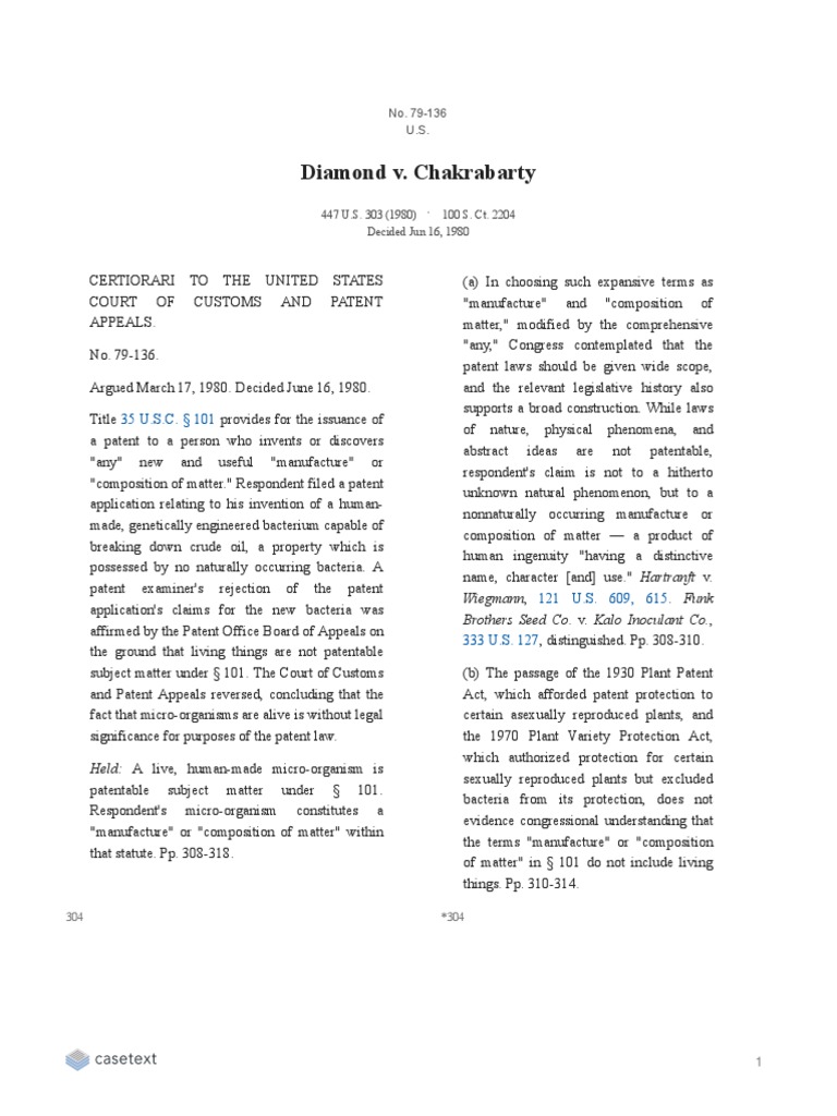 Diamond v. Chakrabarty | PDF | Intellectual Property Law | Patent Law