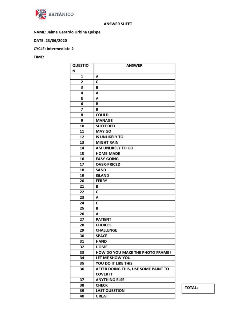 Intermediate 2 Answer Sheet | PDF