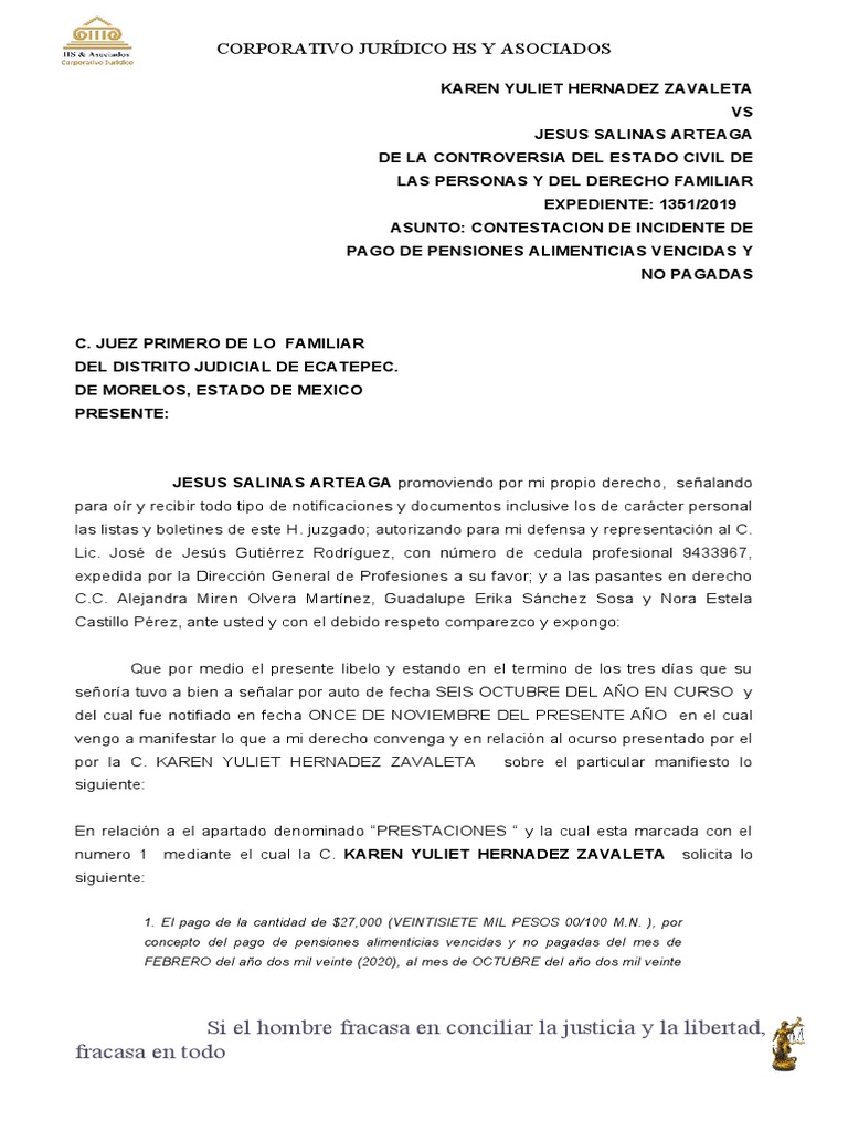 Contestación Incidente Pensiones Vencidas | PDF | Pensión alimenticia ...